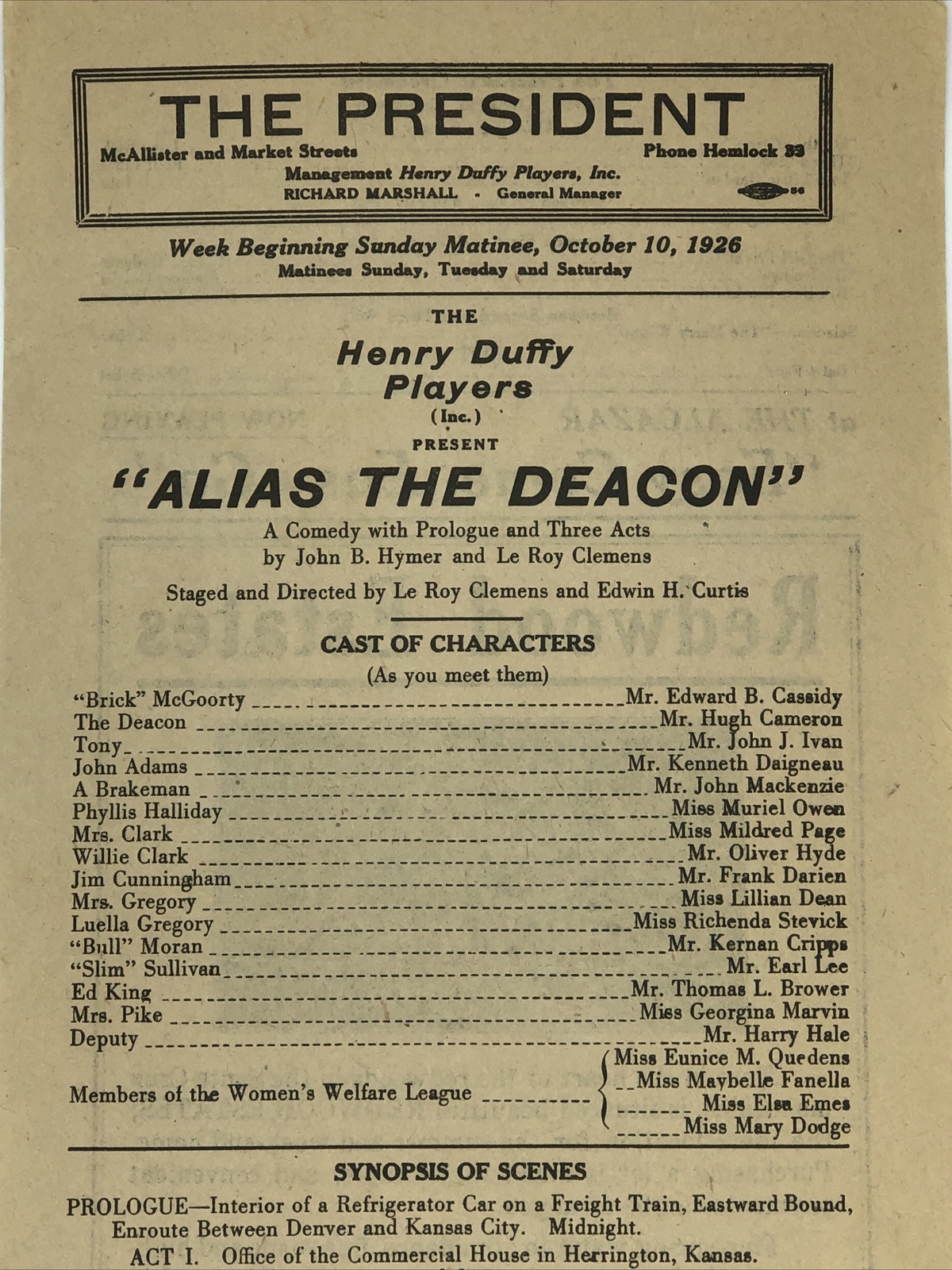 Original 1926 San Francisco The President Theatre Playbill Henry Duffy ...