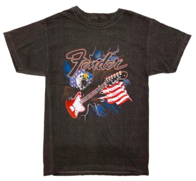 Fender Guitars Men's T-Shirt Genuine Merch USA Flag Eagle Black Vintage ...