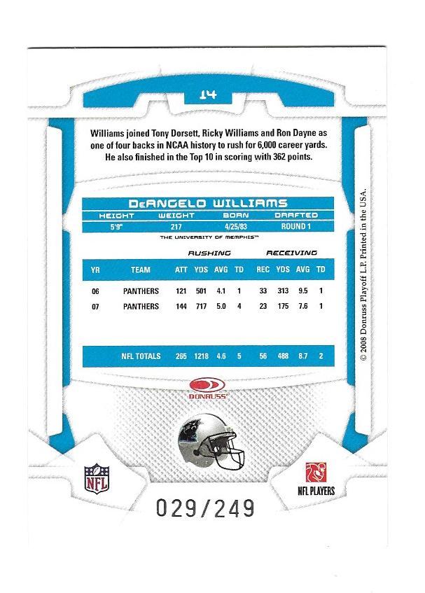 DeAngelo Williams 2008 LEAF ROOKIES & STARS NFL LONGEVITY CARD Panthers ...