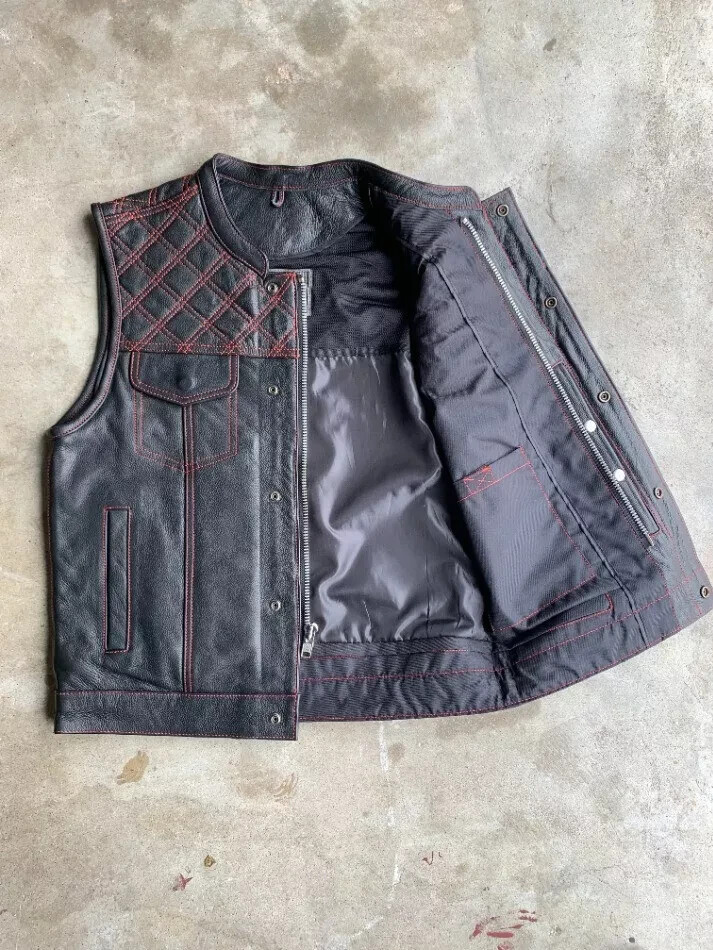 Men's Red diamond stitch black leather vest 6671.01 | eBay