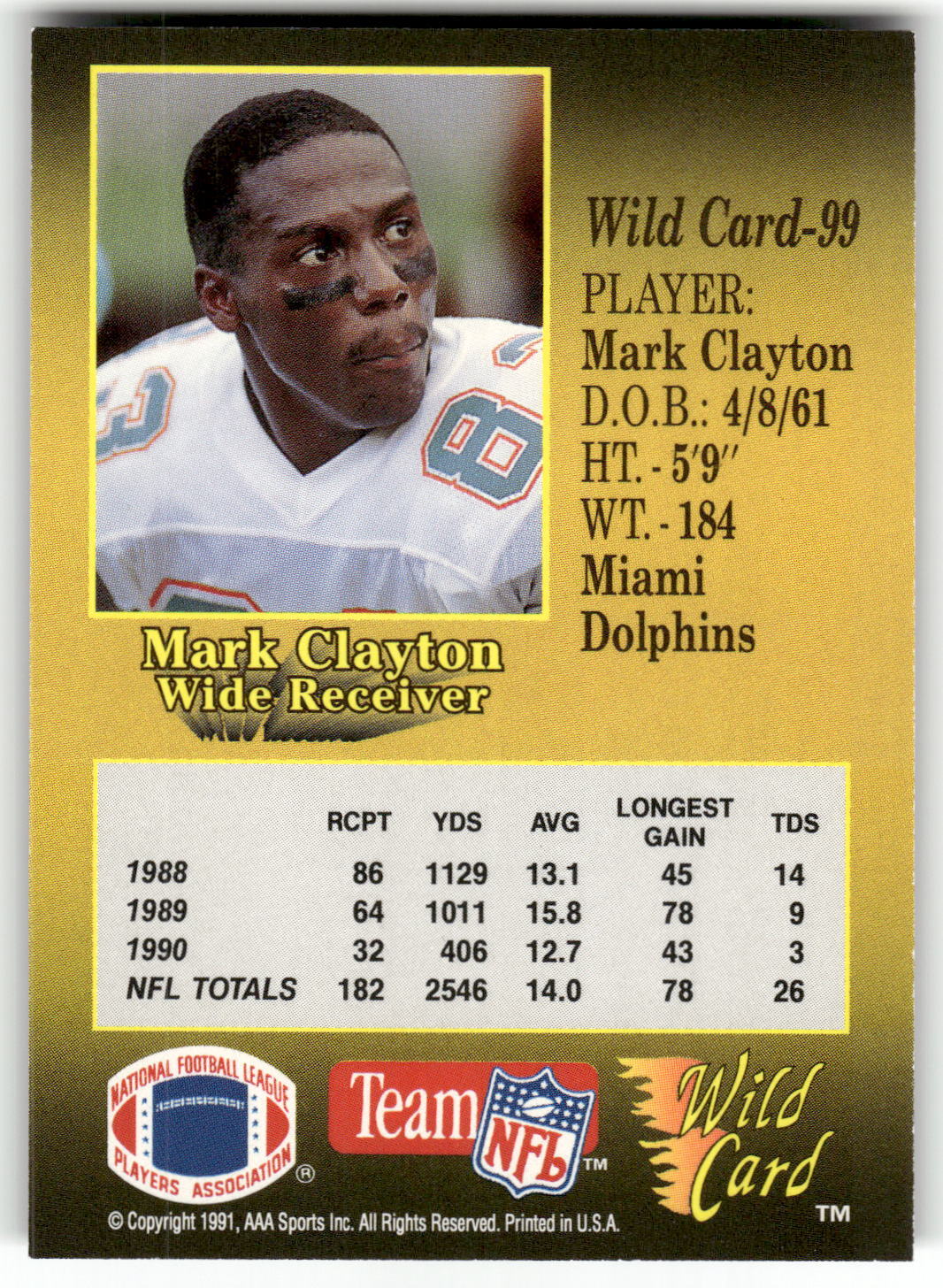 1991 Wild Card #99 Mark Clayton Miami Dolphins | eBay