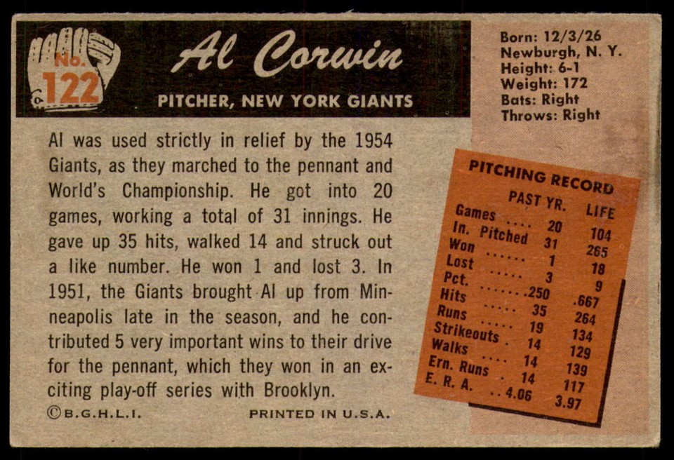 1955 Bowman #122 Al Corwin Excellent NY Giants ID:238254 | eBay