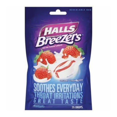 Halls Breezers Sore Throat Drops Soothing Relief Creamy Strawberry 25ct ...