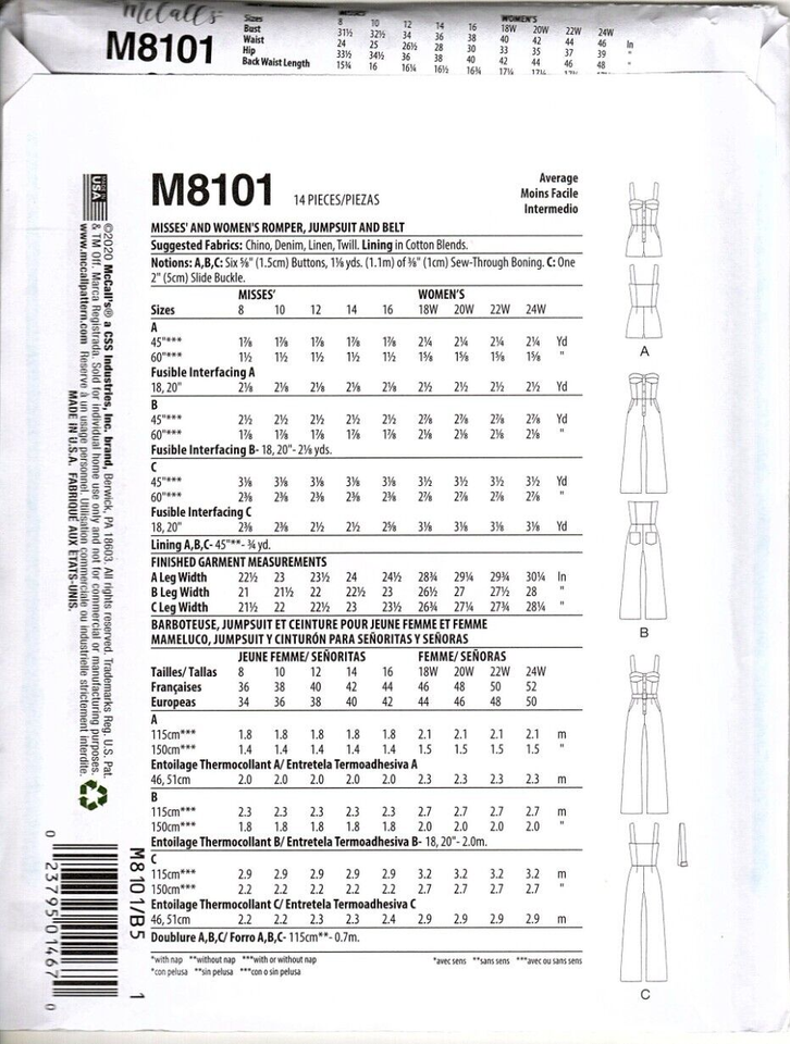 McCall's M8101 Misses 8 to 16 Jumpsuit and Rompers Uncut Sewing Pattern ...