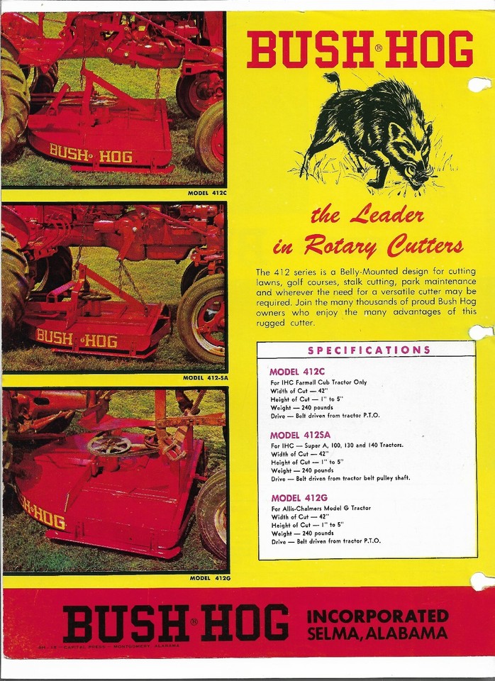 Original Bush Hog Models and 204 204H 4ft. Cutters Sales Brochure Form ...