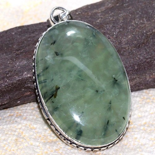 Moss Prehnite 925 Silver Plated Gemstone Pendant 2" Handcrafted Gift GW ...