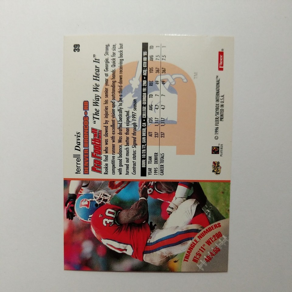 TERRELL DAVIS 1996 FLEER FOOTBALL ROOKIE CARD GREATEST GAME #39 ...