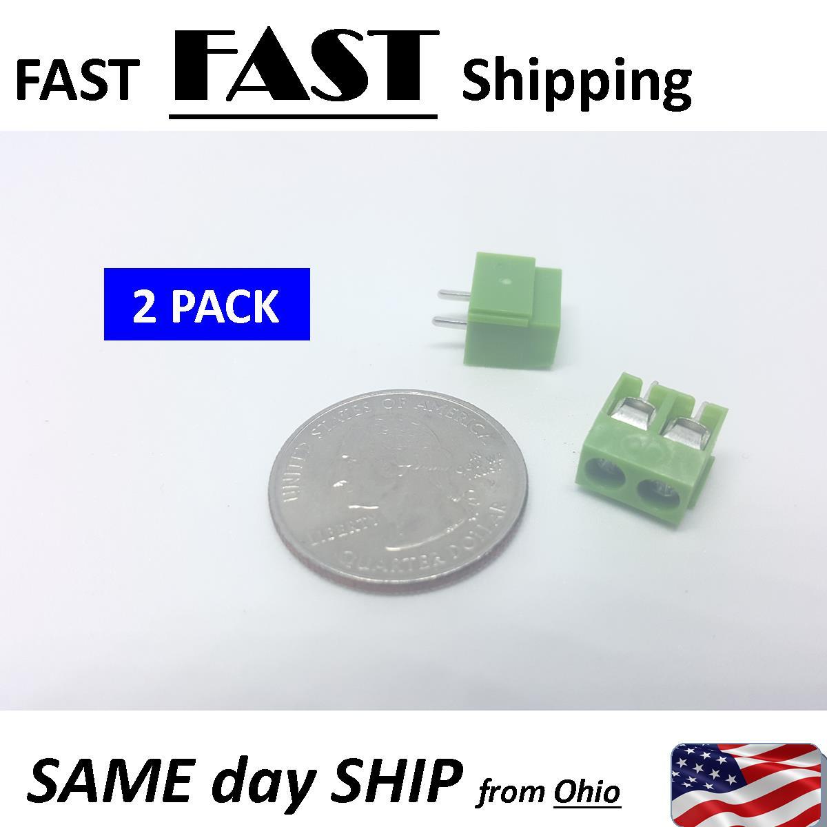 small green terminal block with 2 screws and 2 pins - PCB mount wire ...