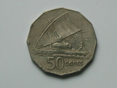 Fiji 1975 50 CENTS Queen Elizabeth II Coin with Outrigger Boat & 12 ...