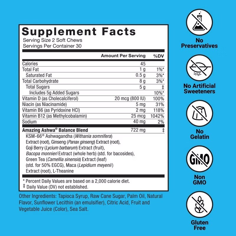 Force Factor Amazing Ashwa Dietary Supplements Soft Chews - Triple ...