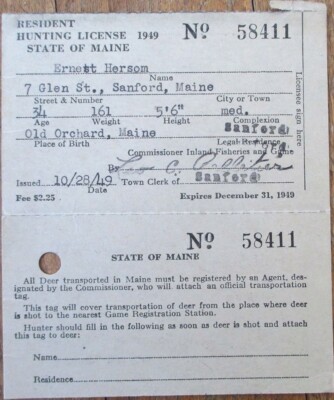 Sanford, ME 1949 Resident Hunting License, State of Maine, Game Report ...