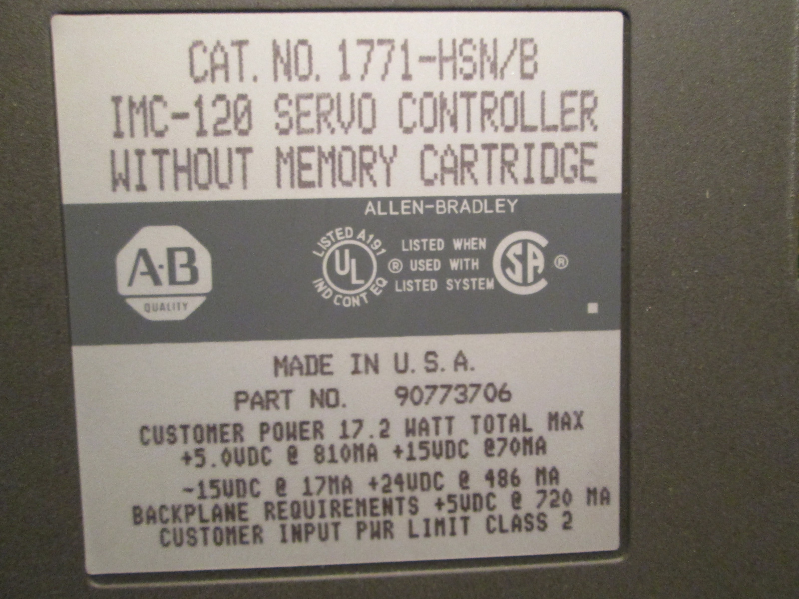 ALLEN BRADLEY IMC-120 SERVO CONTROLLER MODULE 1771-HSN/B F/W REV. 1.05 ...