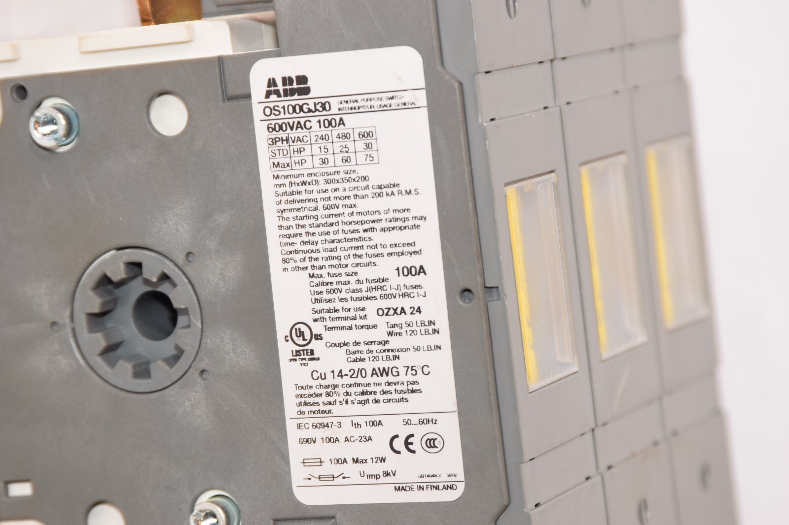 ABB OS100GJ30 100A Amp 600Vac LPJ-70SP General Purpose Switch *Missing ...