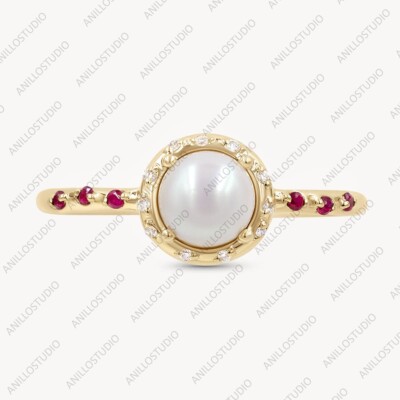 5mm Pearl, Ruby & Diamond Stack Wedding Ring 14k Gold Starry ...