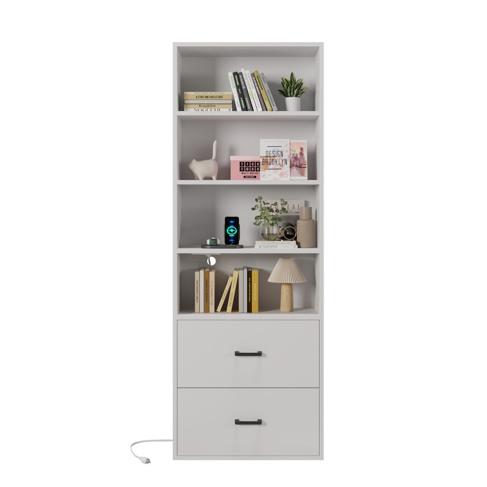 Bookcase Floor Standing Drawer Storage Cabinet Bookshelf with USB Power ...