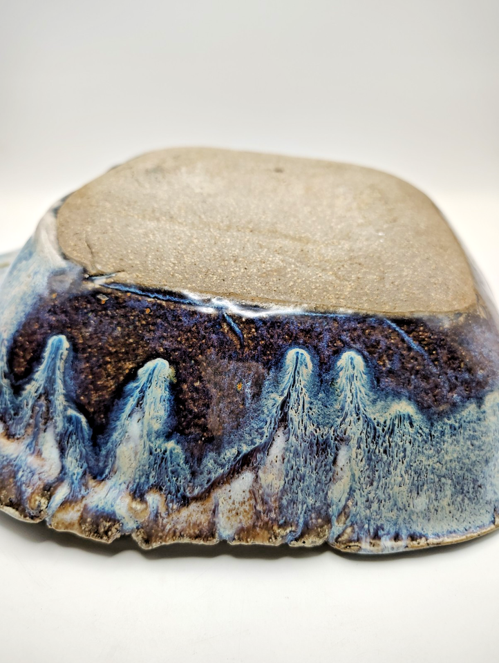 Handmade Art Pottery Bowl Irregular Ruffled Shape Blue Grey White ...