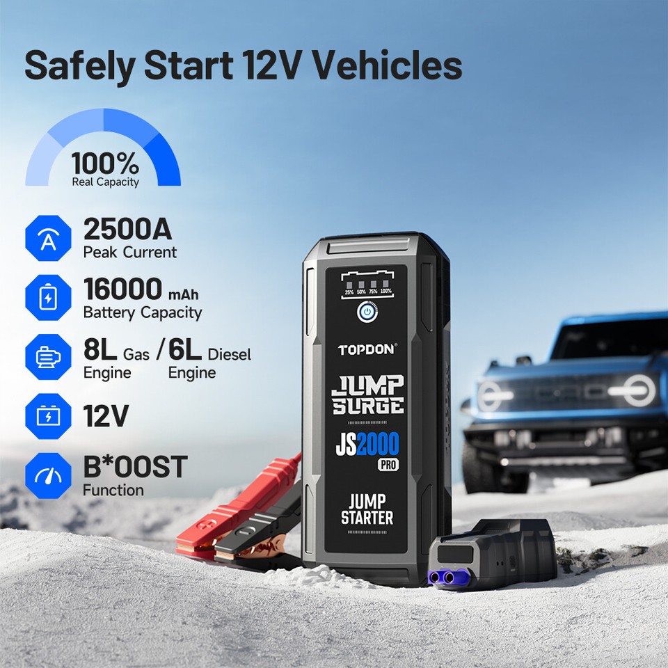 TOPDON 2500A Car Jump Starter Pack 12V Booster Power Bank USB Battery ...