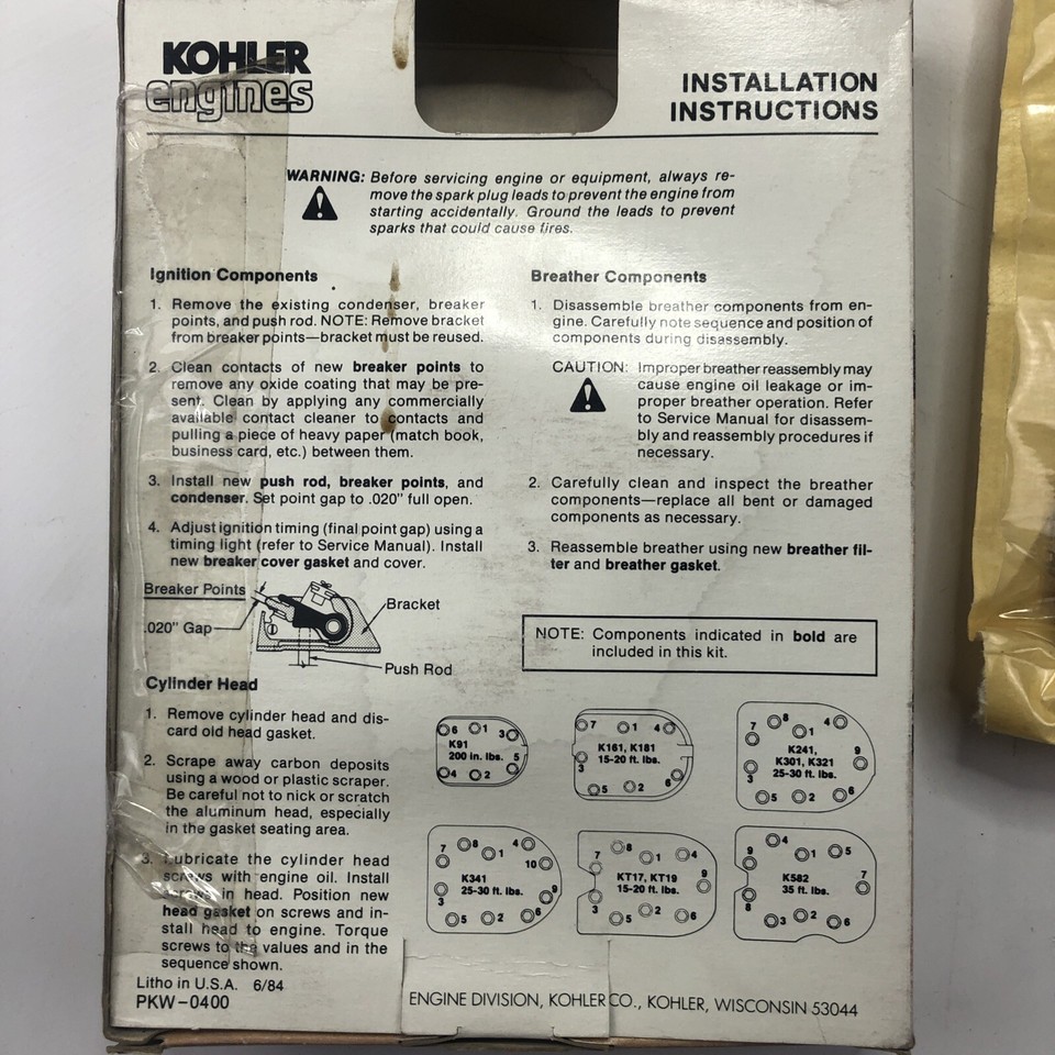 KOHLER Power Tune-up KIT 41-757-03 K161T 181T 7-8 H.P. Incl. Head ...