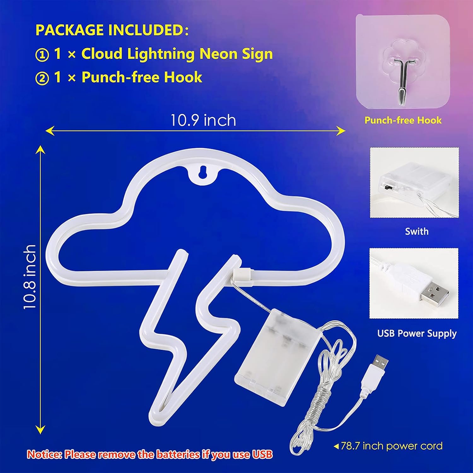 Neon Sign LED Cloud Lightning Neon Signs for Wall Decor Hanging Battery ...