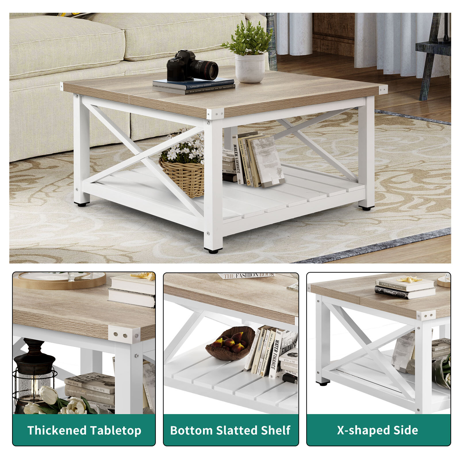 Modern Farmhouse Coffee Table Wood Square Center Table with Open ...