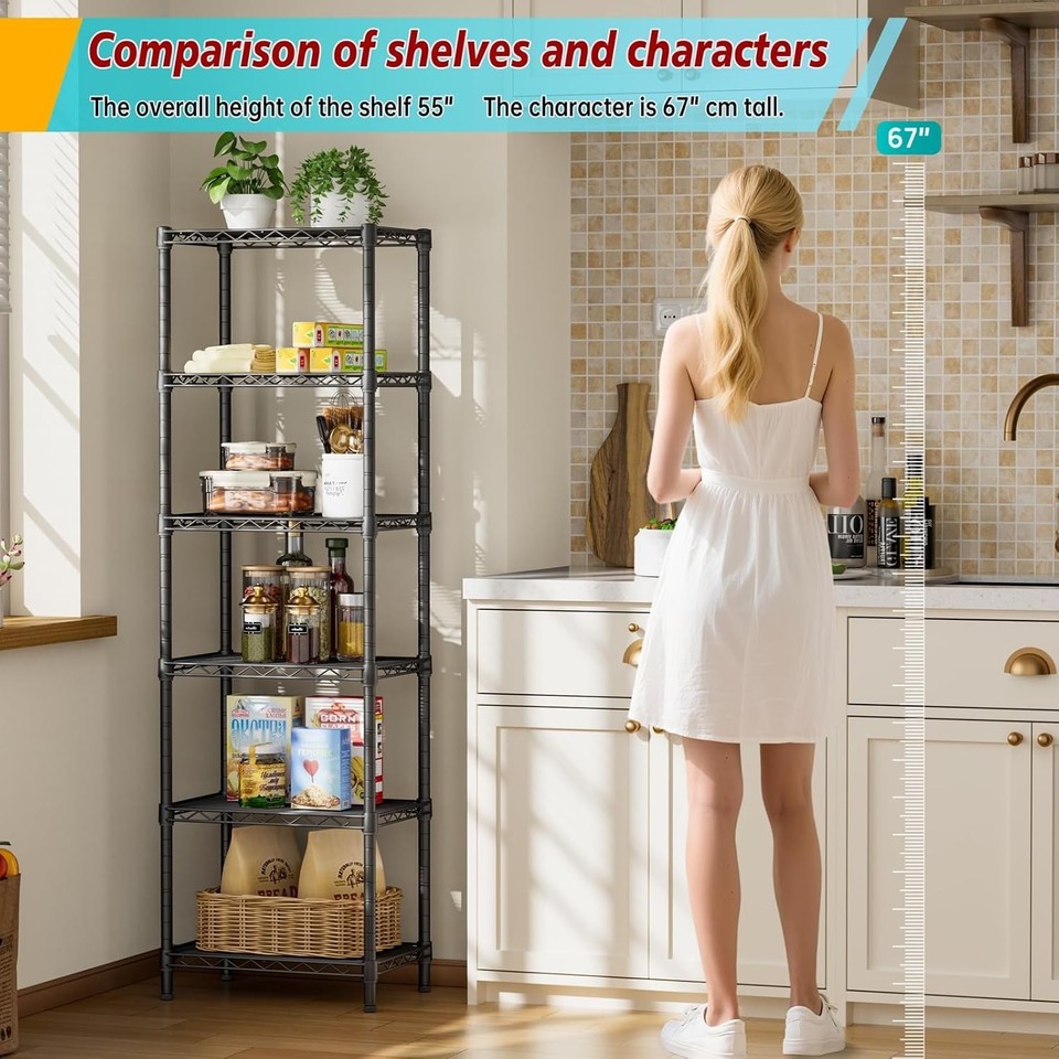6 Tier Adjustable Storage Shelves Narrow Mesh Gaps Metal Utility Shelf ...