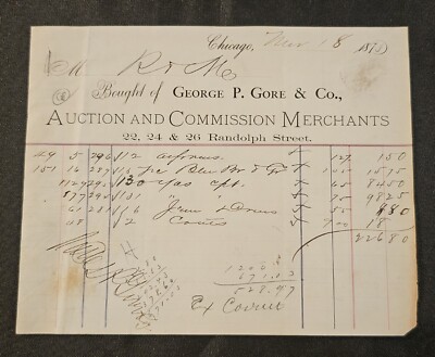 1873 George P Gore & Co Auction & Commission Merchants Billhead Receipt ...