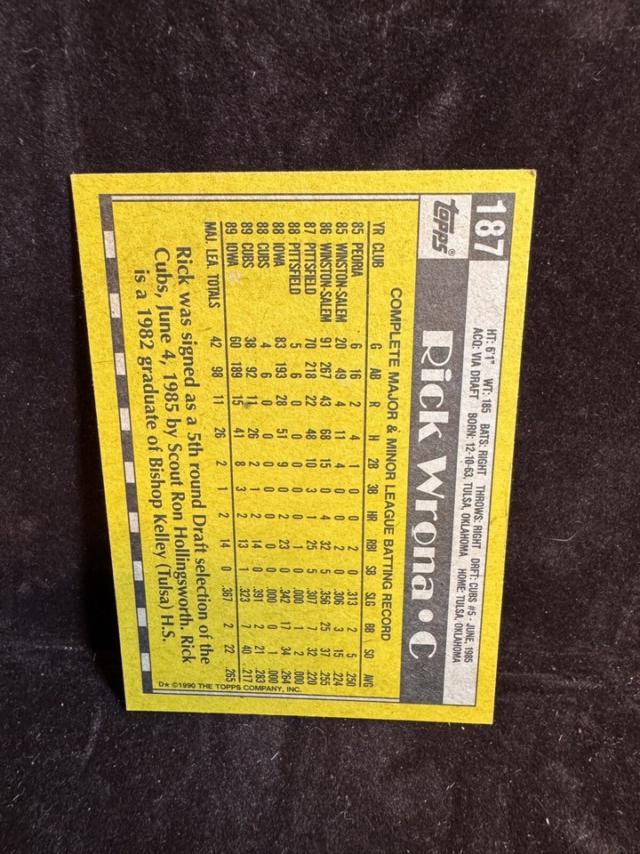 Rick Wrona 1990 Topps 187 Rookie Chicago Cubs Autographed Signed ...