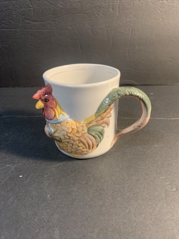 Set of 2 Rooster Hen Chicken Ceramic Coffee Cups 3 5/8" 3D great color ...