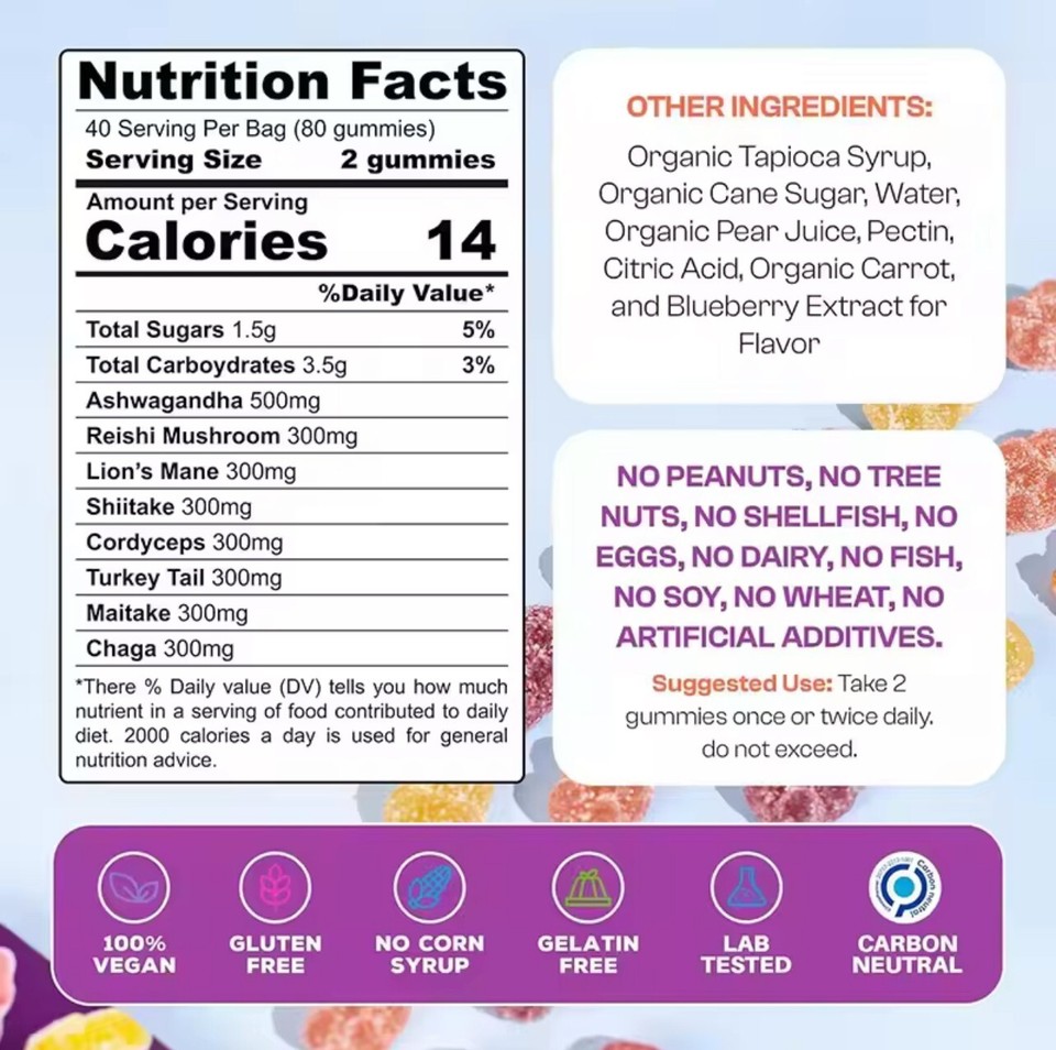 Mushroom Gummies with Ashwagandha-Nutritional Supplement- 80 gummies ...