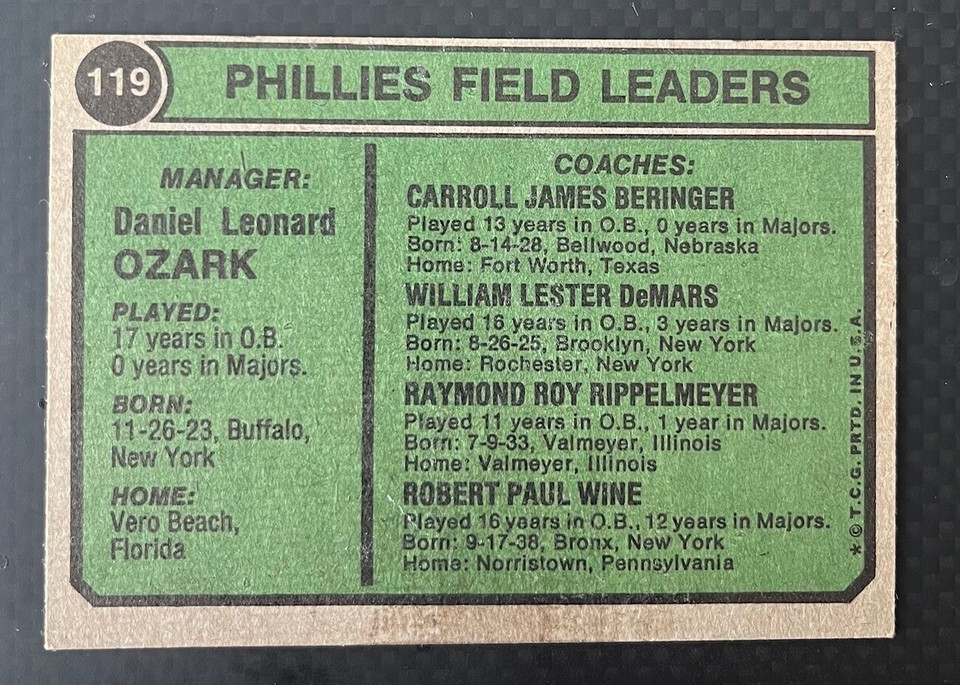 1974 Topps Danny Ozark Philadelphia Phillies Manager 119 NM | eBay