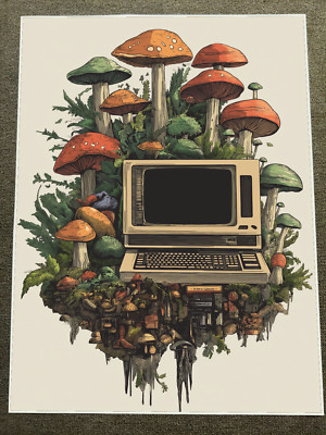 Vintage Computer Surrounded by Forest Mushrooms and Greenery Poster ...