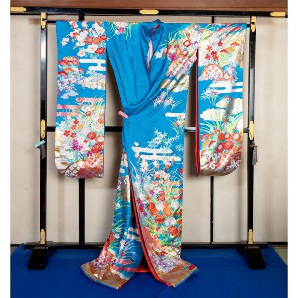 Woman Japanese Kimono Furisode Silk Sky blue Flowers from japan | eBay