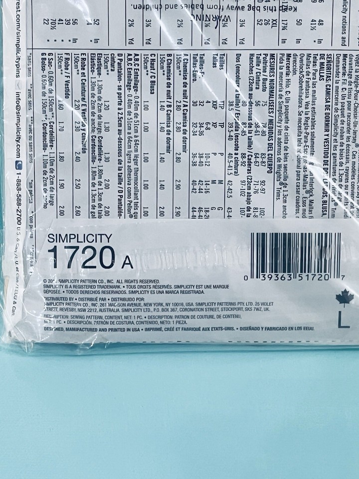 Simplicity 1720 Size XXS-XXL Misses’ Nightgown, Robe, Top & Pants Uncut ...