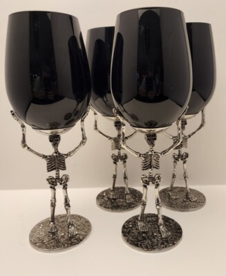 x4 Halloween Skeleton Body Hand Wine Glasses Silver Black Glass Set of ...