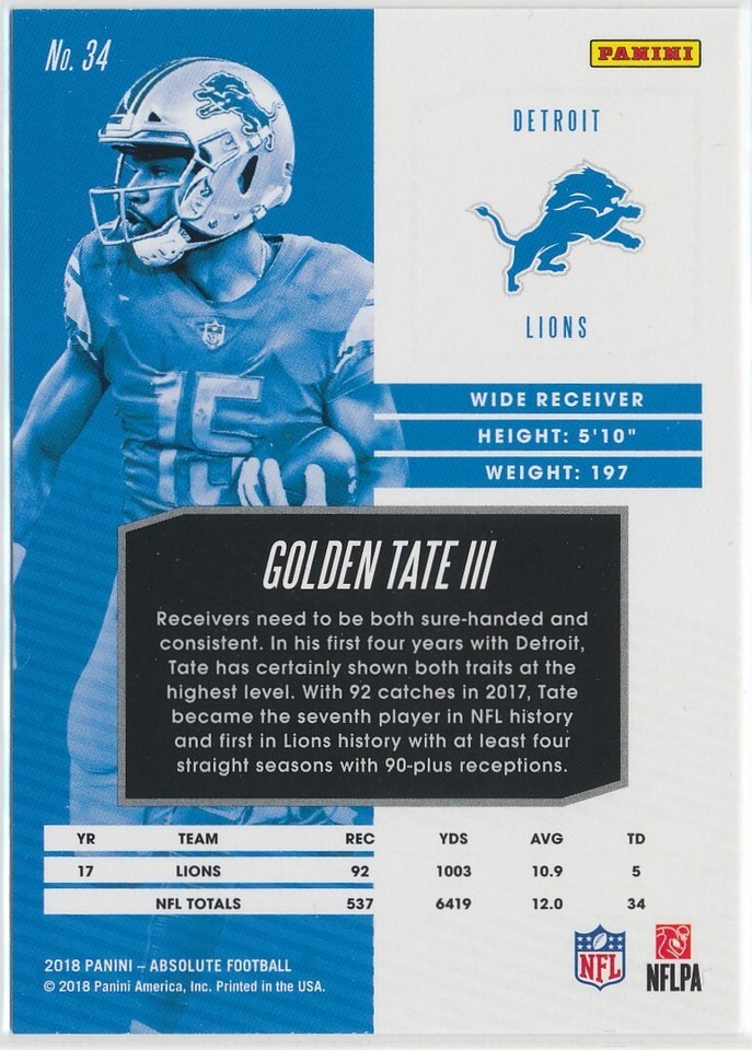 Golden Tate III 2018 Panini Absolute Football #34 Detroit Lions | eBay