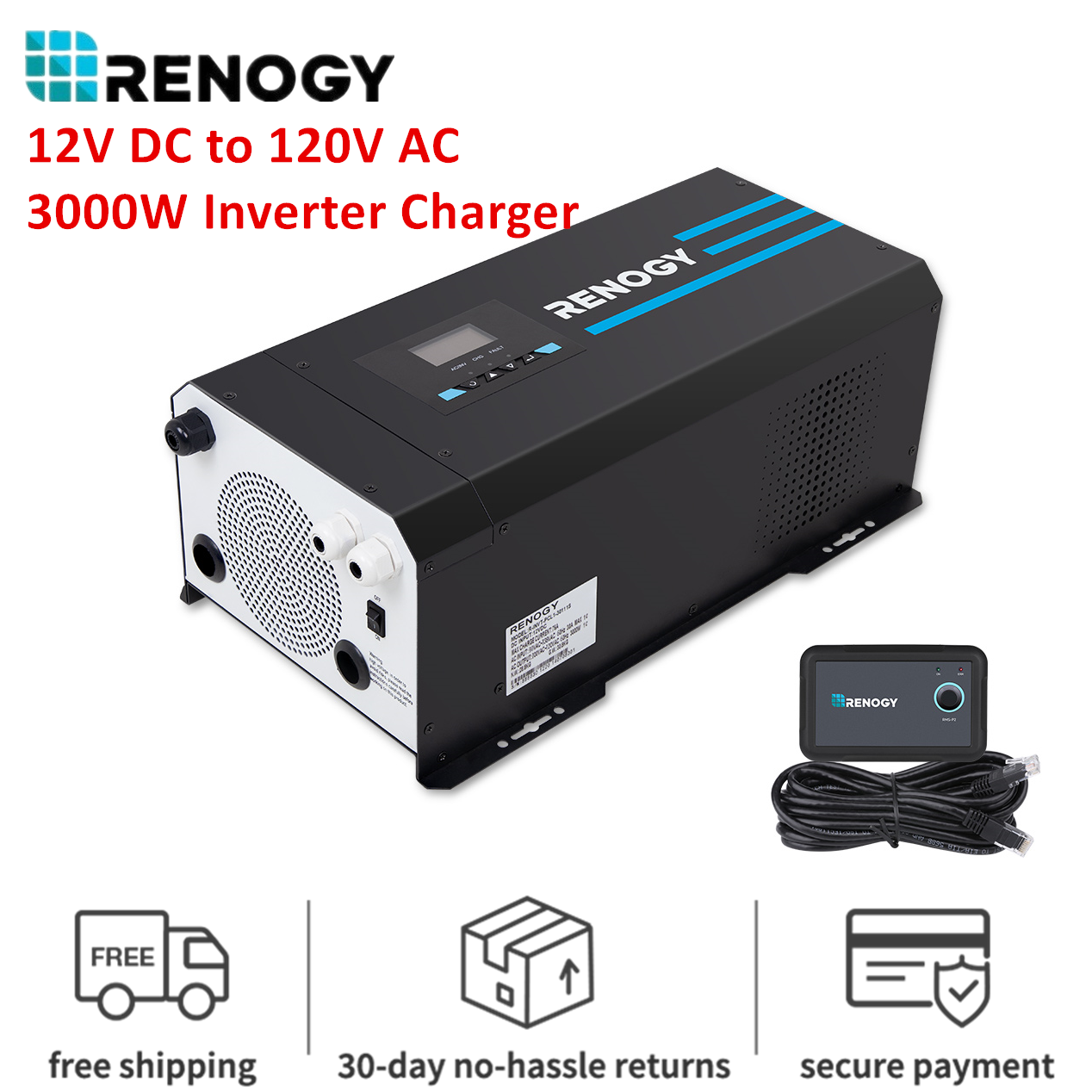 Renogy 3000W 12V DC to 120V AC Pure Sine Wave Inverter W/ LCD Display ...