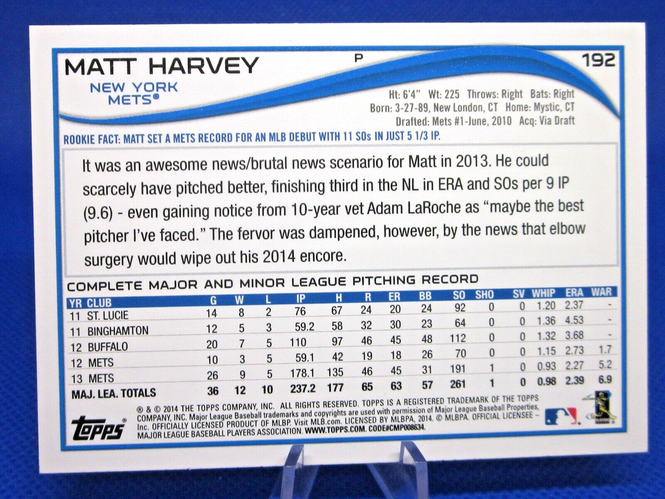 2014 TOPPS SERIES 1 #192 MATT HARVEY SP SHORT PRINT VARIATION NEW YORK ...