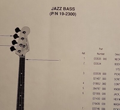 Parts List & Diagram FENDER Jazz Bass Electric Bass Guitar-P/N 19-2300 ...