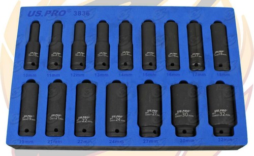 US PRO DEEP IMPACT SOCKET Set 1/2"Dr 16pc 10mm-32mm 6pt Hex Long Reach ...
