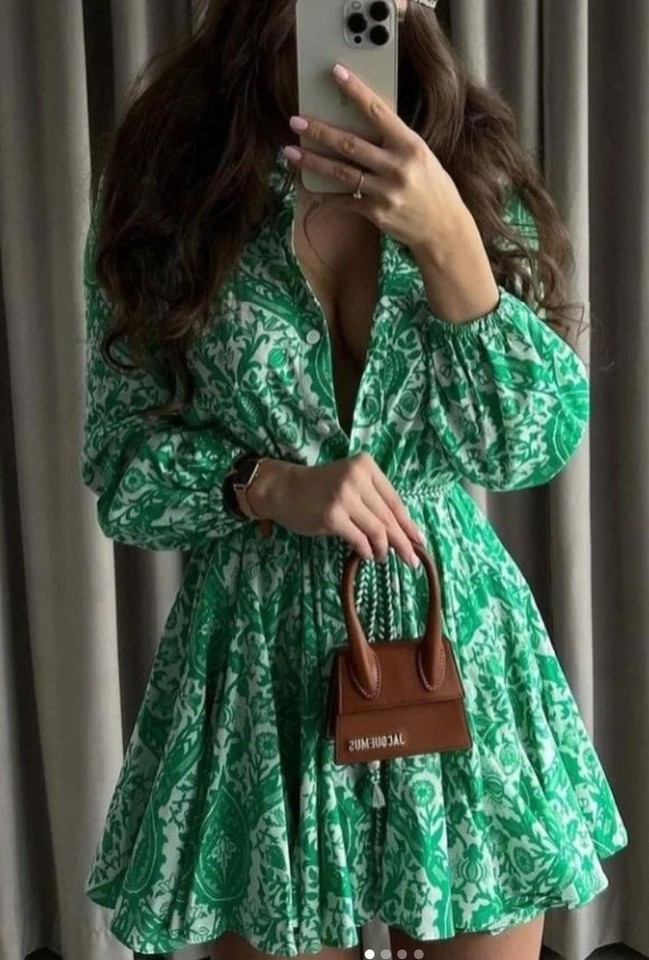 ZARA GREEN PAISLEY FLORAL PRINT MINI SHIRT DRESS VOLUMINOUS SKATER ...