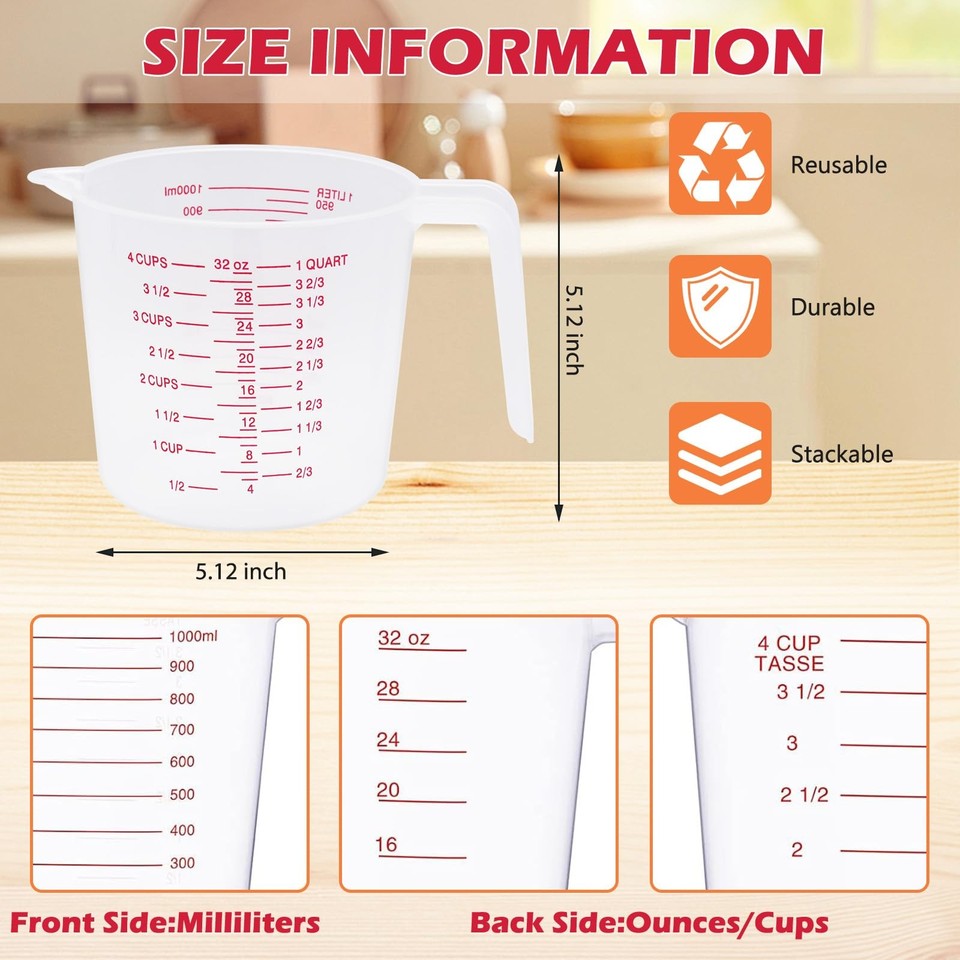 8 Pcs 4 Cup Capacity Plastic Measuring Cup, 32 Oz/1000 ml Clear ...
