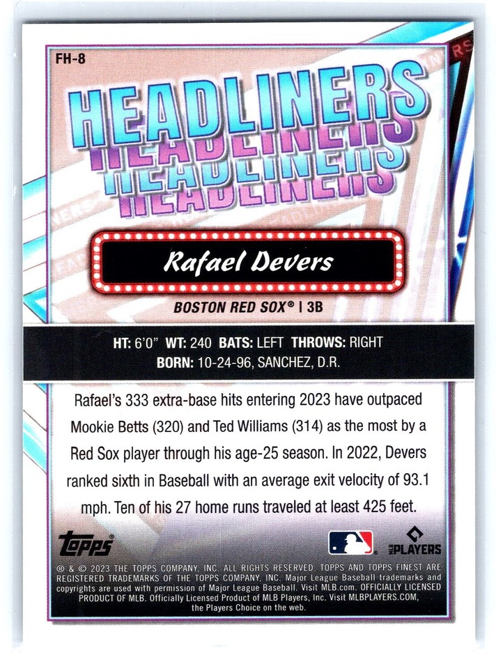 2023 TOPPS FINEST BASEBALL HEADLINERS INSERT #FH-8 RAFAEL DEVERS BOSTON ...