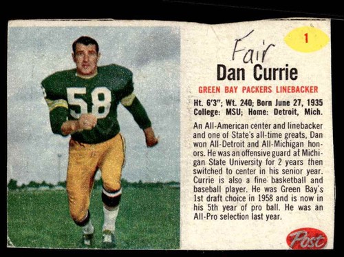 1962 POST CEREAL DAN CURRIE B GREEN BAY PACKERS #1 | eBay