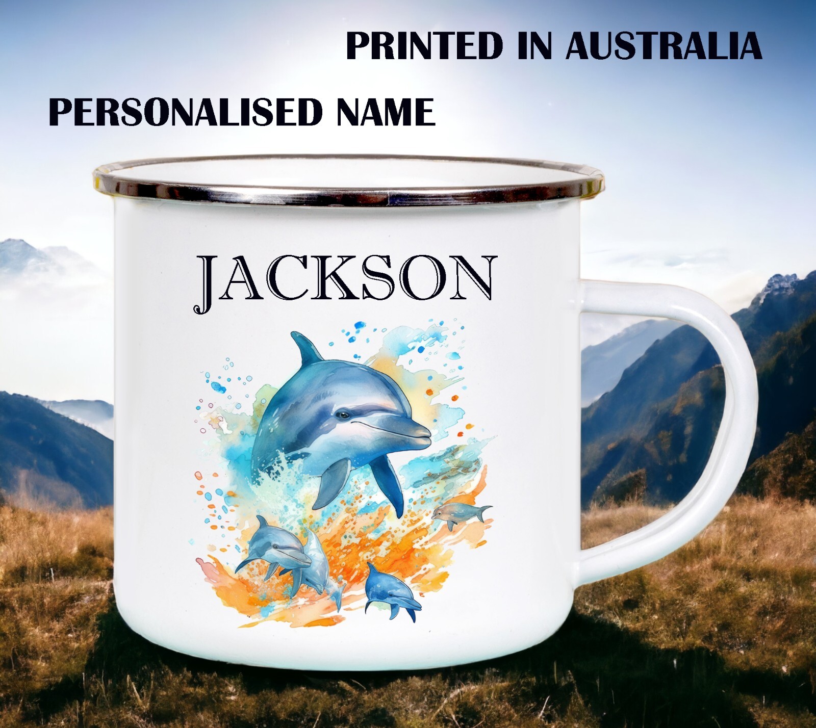 Personalised Enamel Dolphin Cup Camping Outdoor Mug Birthday Christmas ...