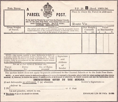 KGV UNUSED PARCEL POST LABEL FOR PARCELS TO FROM CHANNEL Is IRISH FREE ...