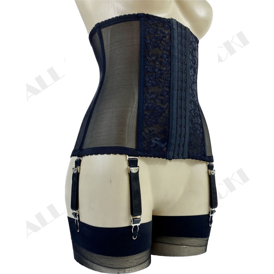 Alacki Sheer Garter Belt Mesh Boned Waist Cincher with 6 Straps Body ...