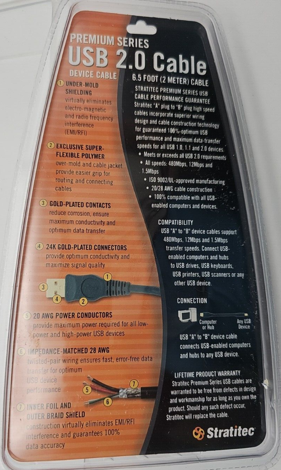 Stratitec Premium Gold Plated USB 2.0 High Speed 6.5ft Cable A to B NOS ...