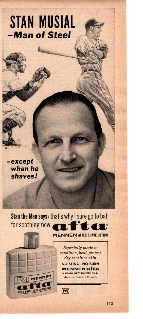 1963 AFTA AFTER SHAVE PRINT AD, STAN MUSIAL MENNEN MENS SHAVING VINTAGE ...