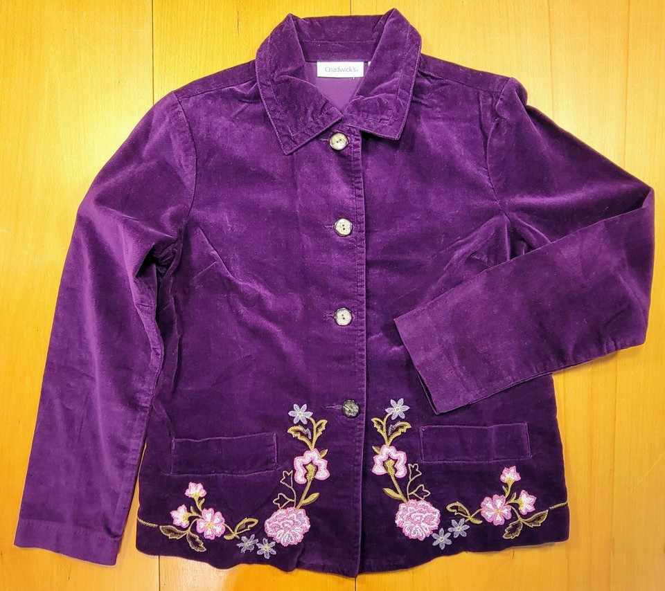 CHADWICK'S EMBROIDERED FLORAL VELVET JACKET Plum Purple Velour GREEN ...