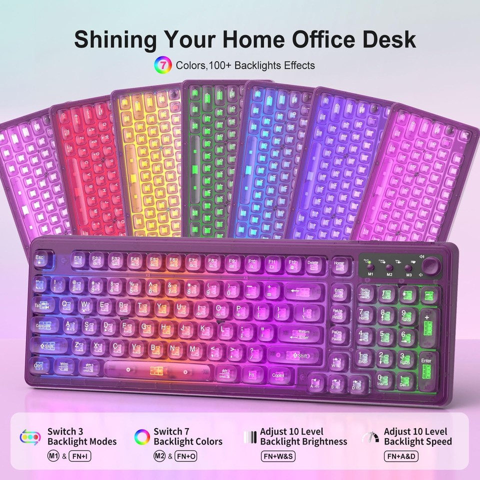 Purple Light Up Keyboard and Mouse Wireless,Cute 2.4Ghz Cordless ...